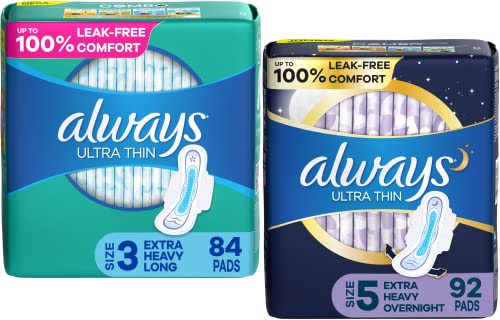 Always Ultra Thin Feminine Pads for Women Day/Night Bundle - Size 3, Extra Heavy Long Absorbency, 84 Count and Size 5, Extra Heavy Overnight Absorbency, 92ct (176 Total Pads)