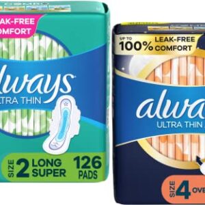 Always Ultra Thin Feminine Pads for Women Day/Night Bundle - Size 2, Super Absorbency, 126 Count and Size 4, Overnight Absorbency, 78 Count (204 Total Pads)