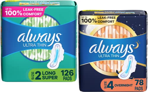 Always Ultra Thin Feminine Pads for Women Day/Night Bundle - Size 2, Super Absorbency, 126 Count and Size 4, Overnight Absorbency, 78 Count (204 Total Pads)