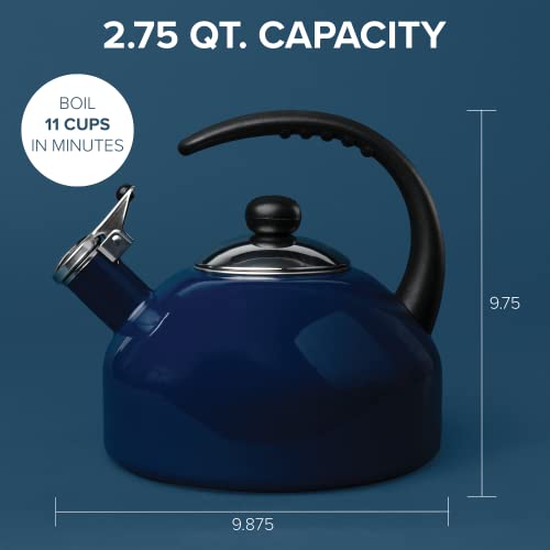 Farberware Omega Tea Kettle, Whistling Tea Pot, Works For All Stovetops, Porcelain Enamel on Carbon Steel, BPA-Free, Rust-Proof, Stay Cool Handle, 2.75 quart (11 cups) Capacity (Blue)