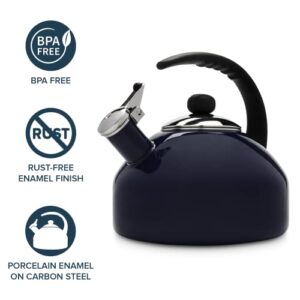 Farberware Omega Tea Kettle, Whistling Tea Pot, Works For All Stovetops, Porcelain Enamel on Carbon Steel, BPA-Free, Rust-Proof, Stay Cool Handle, 2.75 quart (11 cups) Capacity (Blue)