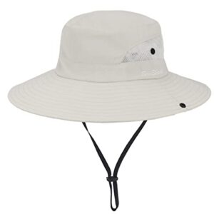 Womens Summer Sun-Hat Outdoor UV Protection Fishing Hat Wide Brim Foldable-Beach-Bucket-Hat with Ponytail-Hole Beige