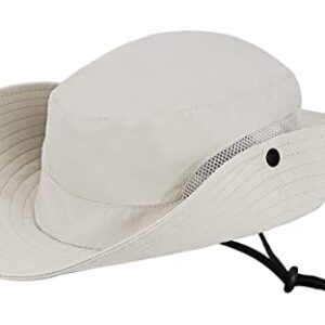 Womens Summer Sun-Hat Outdoor UV Protection Fishing Hat Wide Brim Foldable-Beach-Bucket-Hat with Ponytail-Hole Beige