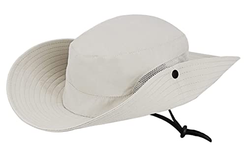 Womens Summer Sun-Hat Outdoor UV Protection Fishing Hat Wide Brim Foldable-Beach-Bucket-Hat with Ponytail-Hole Beige