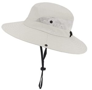 womens summer sun-hat outdoor uv protection fishing hat wide brim foldable-beach-bucket-hat with ponytail-hole beige