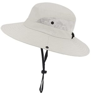 Womens Summer Sun-Hat Outdoor UV Protection Fishing Hat Wide Brim Foldable-Beach-Bucket-Hat with Ponytail-Hole Beige