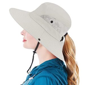 Womens Summer Sun-Hat Outdoor UV Protection Fishing Hat Wide Brim Foldable-Beach-Bucket-Hat with Ponytail-Hole Beige