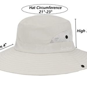 Womens Summer Sun-Hat Outdoor UV Protection Fishing Hat Wide Brim Foldable-Beach-Bucket-Hat with Ponytail-Hole Beige