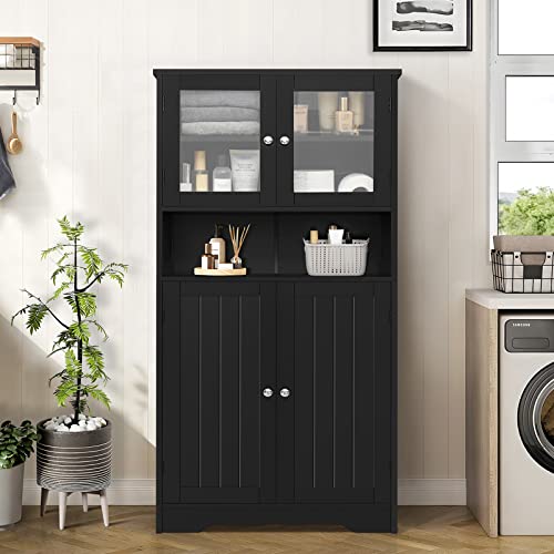 Iwell Bathroom Cabinet, Bathroom Storage Cabinet with Doors, Storage Cabinet with Open Shelf, Cupboard for Living Room, Home Office, Black