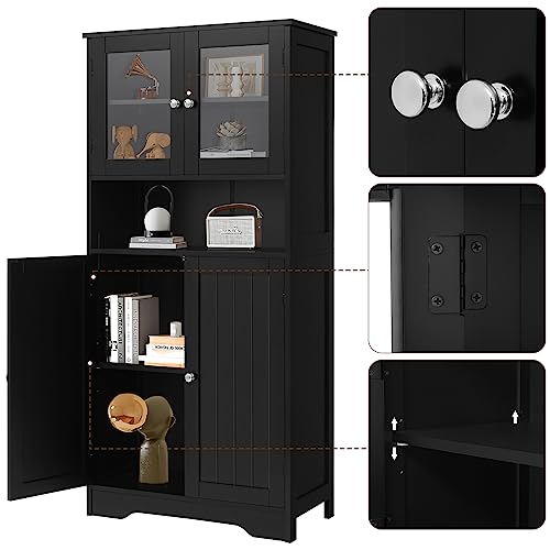 Iwell Bathroom Cabinet, Bathroom Storage Cabinet with Doors, Storage Cabinet with Open Shelf, Cupboard for Living Room, Home Office, Black