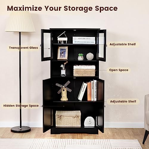 Iwell Bathroom Cabinet, Bathroom Storage Cabinet with Doors, Storage Cabinet with Open Shelf, Cupboard for Living Room, Home Office, Black