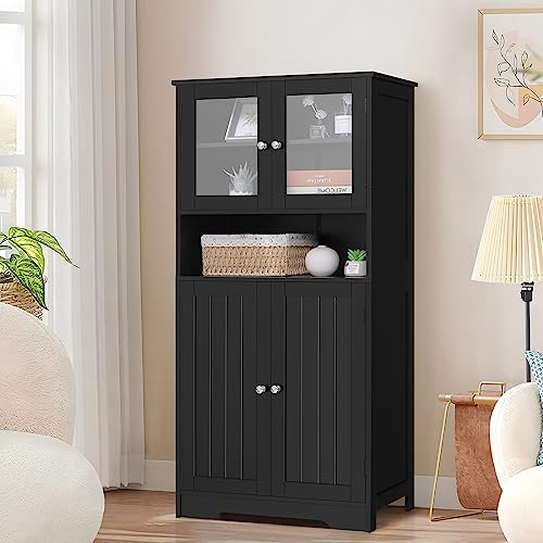 Iwell Bathroom Cabinet, Bathroom Storage Cabinet with Doors, Storage Cabinet with Open Shelf, Cupboard for Living Room, Home Office, Black