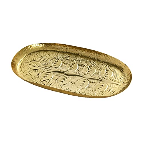 Creative Co-Op Embossed Metal Tray, Antique Gold Finish Decorative Accents, 13" L x 8" W x 1" H