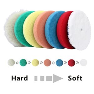 CAR ROAD Buffing Polishing Pads 6 Inch, 7PCs 6.5 Inch Face for 150mm Backing Plate Sponge Woolen Microfiber Buffing Pads Cutting Polishing Pad Kit for Car Buffer Polisher Compounding,Polishing,Waxing