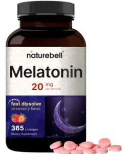 naturebell melatonin 20mg, 365 fast dissolve tablets - natural strawberry flavor - vegetarian chewable lozenges for 1 year supply, high potency | non-gmo, no gluten