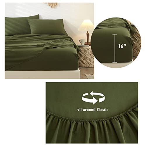 Army Green Queen Sheet Set - Hotel Luxury Bed Sheets 4 Pieces Cooling Sheets for Queen Size Bed - Easy Care Bedding Sheets & Pillowcases - 16'' Deep Pocket - Wrinkle, Fade, Stain Resistant