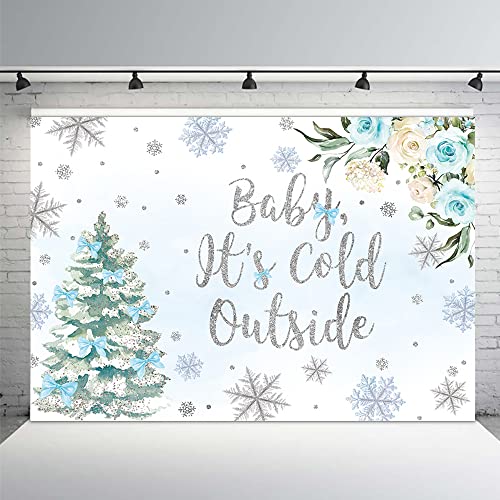 MEHOFOND Baby It's Cold Outside Backdrop Boy Baby Shower Party Decor Silver Snowflake Winter Wonderland Photo Booth Banner Christmas Tree White Blue Floral Background 7x5ft