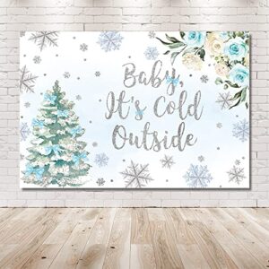 MEHOFOND Baby It's Cold Outside Backdrop Boy Baby Shower Party Decor Silver Snowflake Winter Wonderland Photo Booth Banner Christmas Tree White Blue Floral Background 7x5ft