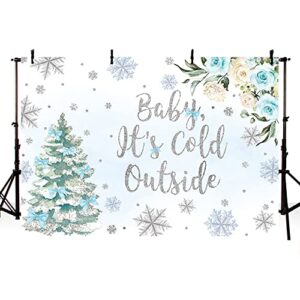 MEHOFOND Baby It's Cold Outside Backdrop Boy Baby Shower Party Decor Silver Snowflake Winter Wonderland Photo Booth Banner Christmas Tree White Blue Floral Background 7x5ft