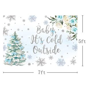 MEHOFOND Baby It's Cold Outside Backdrop Boy Baby Shower Party Decor Silver Snowflake Winter Wonderland Photo Booth Banner Christmas Tree White Blue Floral Background 7x5ft