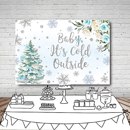 MEHOFOND Baby It's Cold Outside Backdrop Boy Baby Shower Party Decor Silver Snowflake Winter Wonderland Photo Booth Banner Christmas Tree White Blue Floral Background 7x5ft