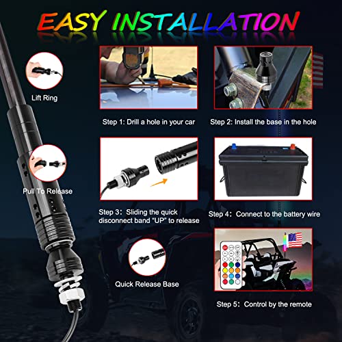 Niwaker 2ft Smoked Black LED Whip Lights with RF Wireless Remote Control RGB Dancing/Chasing Lighted Whip Antenna LED Whips for ATV UTV Polaris RZR Can-am Truck Off Road Vehicle 4x4 Dune SUV Roof