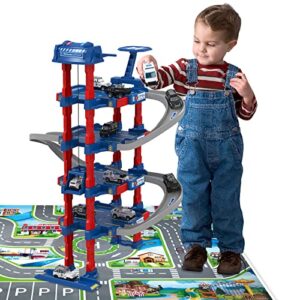 covtoy parking garage toy playset, race car ramp track toy, with 6 police cars, four-story for 4-8 years old boys and kids