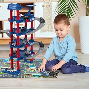 COVTOY Parking Garage Toy Playset, Race Car Ramp Track Toy, with 6 Police Cars, Four-Story for 4-8 Years Old Boys And Kids