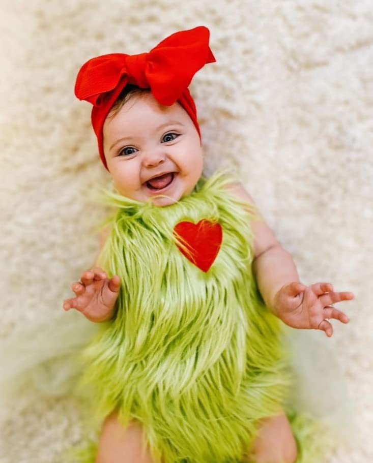 oneflow Baby Girl Monster Costume Infant Toddler My First Halloween Christmas Costumes with Romper Leg Warmers and Headband (6-12 Months,Green Monster)