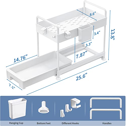 SOYO Under Sink Organizers and Storage 2 Pack, Bathroom Organizer Under Cabinet Storage, Undersink Sliding Basket Drawer for Kitchen Organization, Pull Out Shelf with Handles, Hanging Cups, White