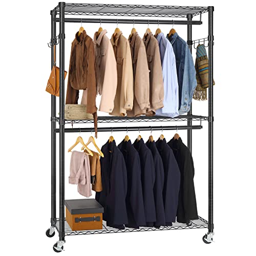 Finnhomy 47.2" L Metal Clothes Rack for Hanging Clothes 25mm Dia Tube Heavy Duty Garment Rack with 3-Tier Shelves/ Double Hanging Rods/ Lockable Wheels, Portable Closet Storage Rack Freestanding Wardrobe Closet Organizer