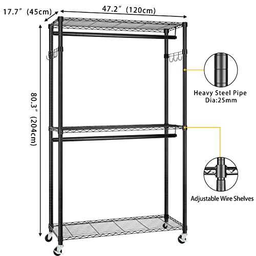 Finnhomy 47.2" L Metal Clothes Rack for Hanging Clothes 25mm Dia Tube Heavy Duty Garment Rack with 3-Tier Shelves/ Double Hanging Rods/ Lockable Wheels, Portable Closet Storage Rack Freestanding Wardrobe Closet Organizer