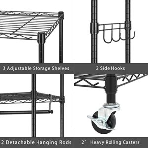 Finnhomy 47.2" L Metal Clothes Rack for Hanging Clothes 25mm Dia Tube Heavy Duty Garment Rack with 3-Tier Shelves/ Double Hanging Rods/ Lockable Wheels, Portable Closet Storage Rack Freestanding Wardrobe Closet Organizer