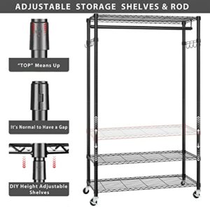 Finnhomy 47.2" L Metal Clothes Rack for Hanging Clothes 25mm Dia Tube Heavy Duty Garment Rack with 3-Tier Shelves/ Double Hanging Rods/ Lockable Wheels, Portable Closet Storage Rack Freestanding Wardrobe Closet Organizer