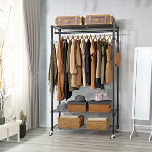 Finnhomy 47.2" L Metal Clothes Rack for Hanging Clothes 25mm Dia Tube Heavy Duty Garment Rack with 3-Tier Shelves/ Double Hanging Rods/ Lockable Wheels, Portable Closet Storage Rack Freestanding Wardrobe Closet Organizer