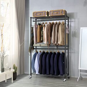 Finnhomy 47.2" L Metal Clothes Rack for Hanging Clothes 25mm Dia Tube Heavy Duty Garment Rack with 3-Tier Shelves/ Double Hanging Rods/ Lockable Wheels, Portable Closet Storage Rack Freestanding Wardrobe Closet Organizer