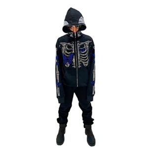 men rhinestone hoodies y2k full zip up hoodies women oversized skull skeleton graphic sweatshirt zip over face gothic jackets (blue, l)