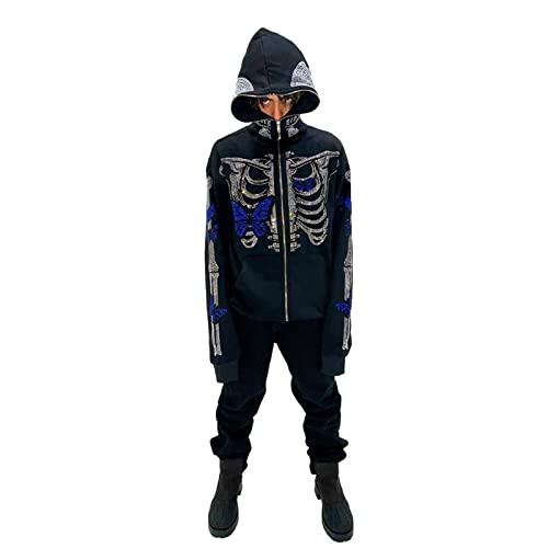 Men Rhinestone Hoodies Y2k Full Zip Up Hoodies Women Oversized Skull Skeleton Graphic Sweatshirt Zip Over Face Gothic Jackets (Blue, L)