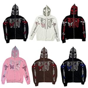 Men Rhinestone Hoodies Y2k Full Zip Up Hoodies Women Oversized Skull Skeleton Graphic Sweatshirt Zip Over Face Gothic Jackets (Blue, L)