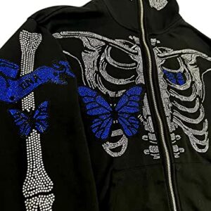 Men Rhinestone Hoodies Y2k Full Zip Up Hoodies Women Oversized Skull Skeleton Graphic Sweatshirt Zip Over Face Gothic Jackets (Blue, L)