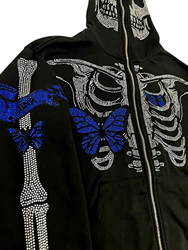 Men Rhinestone Hoodies Y2k Full Zip Up Hoodies Women Oversized Skull Skeleton Graphic Sweatshirt Zip Over Face Gothic Jackets (Blue, L)