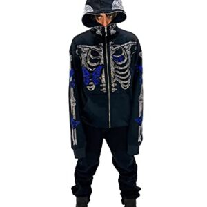 Men Rhinestone Hoodies Y2k Full Zip Up Hoodies Women Oversized Skull Skeleton Graphic Sweatshirt Zip Over Face Gothic Jackets (Blue, L)