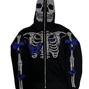 Men Rhinestone Hoodies Y2k Full Zip Up Hoodies Women Oversized Skull Skeleton Graphic Sweatshirt Zip Over Face Gothic Jackets (Blue, L)