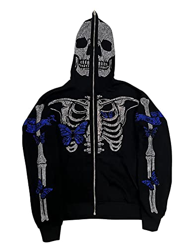 Men Rhinestone Hoodies Y2k Full Zip Up Hoodies Women Oversized Skull Skeleton Graphic Sweatshirt Zip Over Face Gothic Jackets (Blue, L)