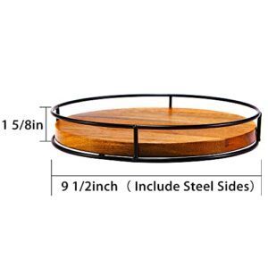 Saebye 9.5" Acacia Wood Lazy Susan, Lazy Susan Organizer for Cabinet, Turntable Organizer with Steel Sides, for Cabinet, Pantry, Table, Spice Rack