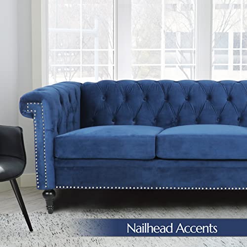 Vaztrlus Chesterfield Velvet Sofas for Living Room, Traditional Square Arm 3-Seater Sofa 82.5" Couch Deep Button Nailhead Tufted Blue Upholstered Couches Removable Cushion Easy to Assemble