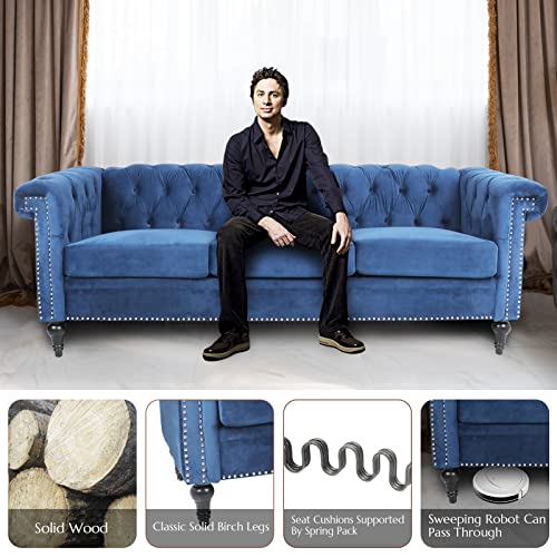 Vaztrlus Chesterfield Velvet Sofas for Living Room, Traditional Square Arm 3-Seater Sofa 82.5" Couch Deep Button Nailhead Tufted Blue Upholstered Couches Removable Cushion Easy to Assemble