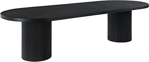 Meridian Furniture 725Black-T Belinda Collection Mid-Century Modern Solid Wood Black Oak Veneer Dining Table, Oval Design, Fluted Bases, 2 Leaves Included, 90"/106.5"/123" W x 47.5" D x 31" H, Black