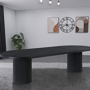 Meridian Furniture 725Black-T Belinda Collection Mid-Century Modern Solid Wood Black Oak Veneer Dining Table, Oval Design, Fluted Bases, 2 Leaves Included, 90"/106.5"/123" W x 47.5" D x 31" H, Black