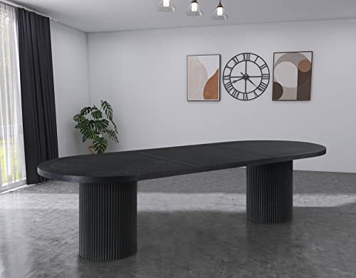 Meridian Furniture 725Black-T Belinda Collection Mid-Century Modern Solid Wood Black Oak Veneer Dining Table, Oval Design, Fluted Bases, 2 Leaves Included, 90"/106.5"/123" W x 47.5" D x 31" H, Black